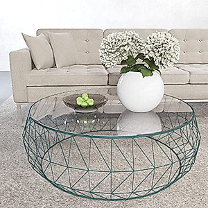 LeisureMod Malibu Modern Geometric Base Round Glass Top Coffee Table, Blue