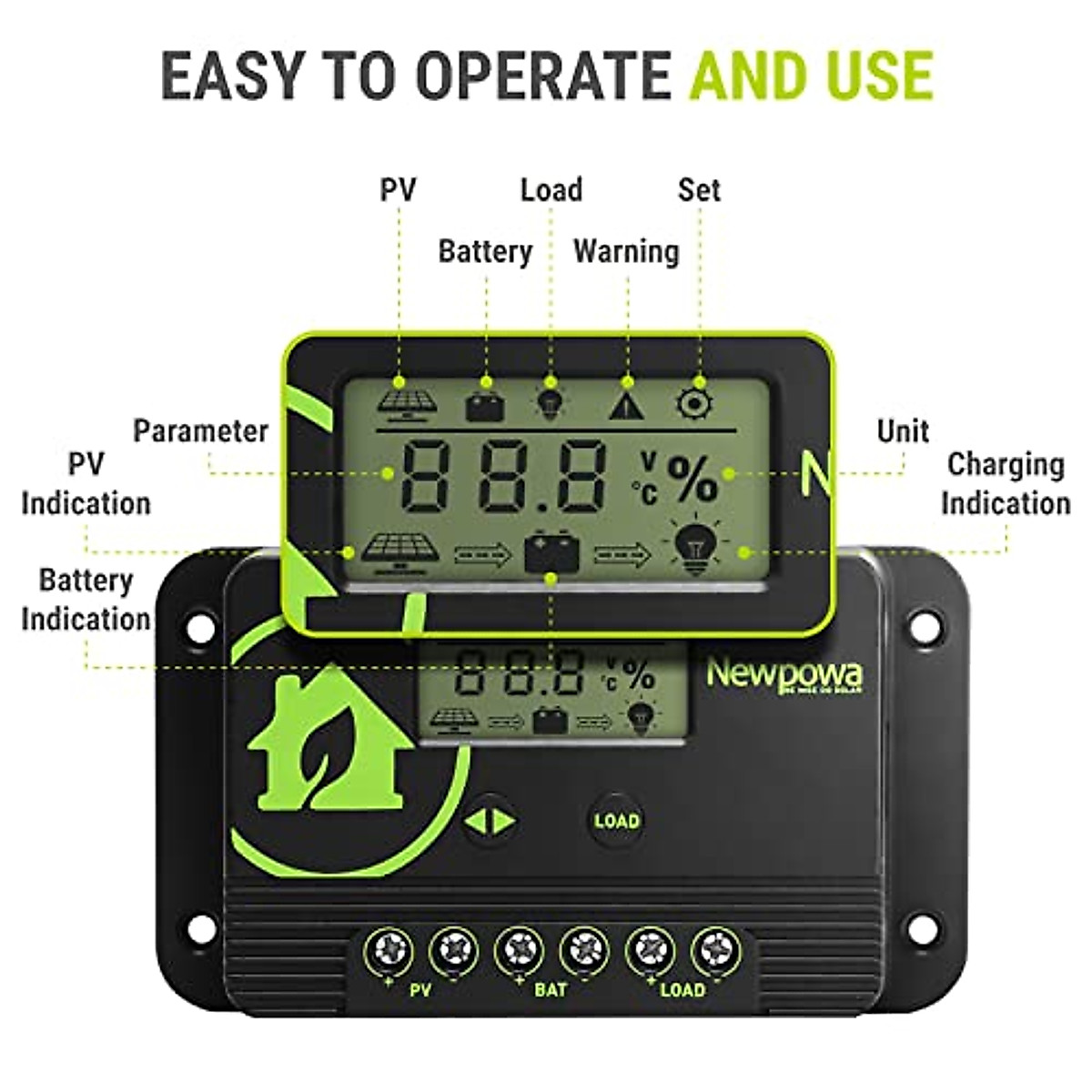 Newpowa 10A PWM Solar Charge Controller 12V/24V Compact Design LCD Display Off Grid Solar Panel Adjustablefor AGM, Gel, Flooded and Lithium Battery