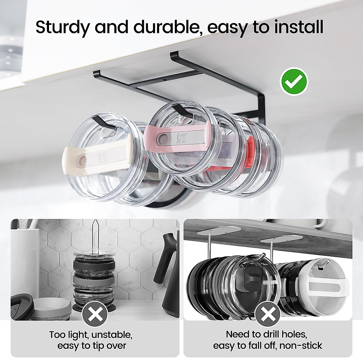 GardTok Tumbler Lid Organizer, Space Saving Cup Lid Organizer for Yeti/Stanley/Simple Modern Cup Accessories, Tumbler Lid Storage Hook, Cup Lid Holder for Kitchen Cabinets and Countertops