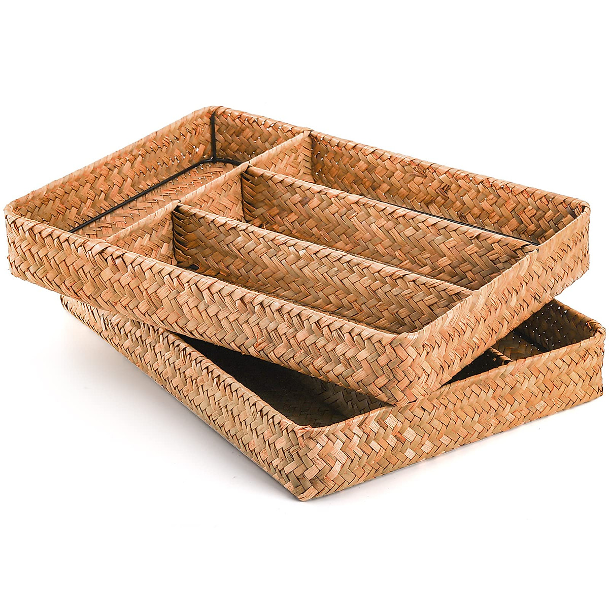 Lyellfe 2 Pack Tea Bag Organizer, 4 Divided Sugar Packet Holder, Handmade Seagrass Wicker Storage Basket for Organizer, Silverware Drawer for Paper, Cutlery, Coffee Pods, Snack