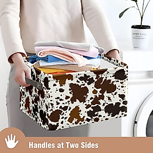 Western Brown Black Cow Print Storage Basket 2 pcs Large Foldable Storage Bin Cube Collapsible Organizer for Pantry Bedroom Decor