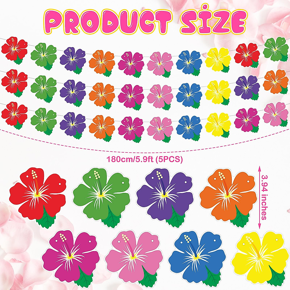 Trandraft 5 Pack Hawaiian Tropical Garland Luau Hibiscus Flower Lei Garland Banners Multicolor Aloha Hanging Garland Hawaiian Tropical Cutouts Banners for Hawaiian Summer Beach Pool Birthday Party