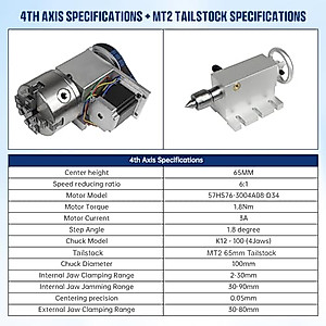 CNCTOPBAOS K12-100mm CNC Router Milling Machine Rotational Axis 4th Axis A axis Rotary Table A axis 100mm 4 jaw chuck dividing head,MT2 65mm Tailstock Reducing ratio 6:1 for CNC Engraving Machine