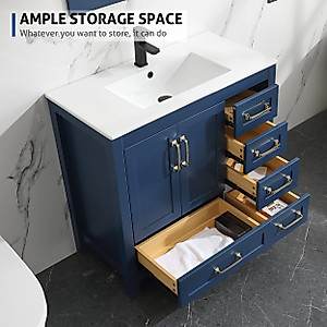 eclife 36" Bathroom Vanities with Sink Combo, Modern Thickened Wood Bathroom Storage Cabinet w/Undermount Sink, Matte Black Faucet Drain, Painted Surface, Navy Blue-1