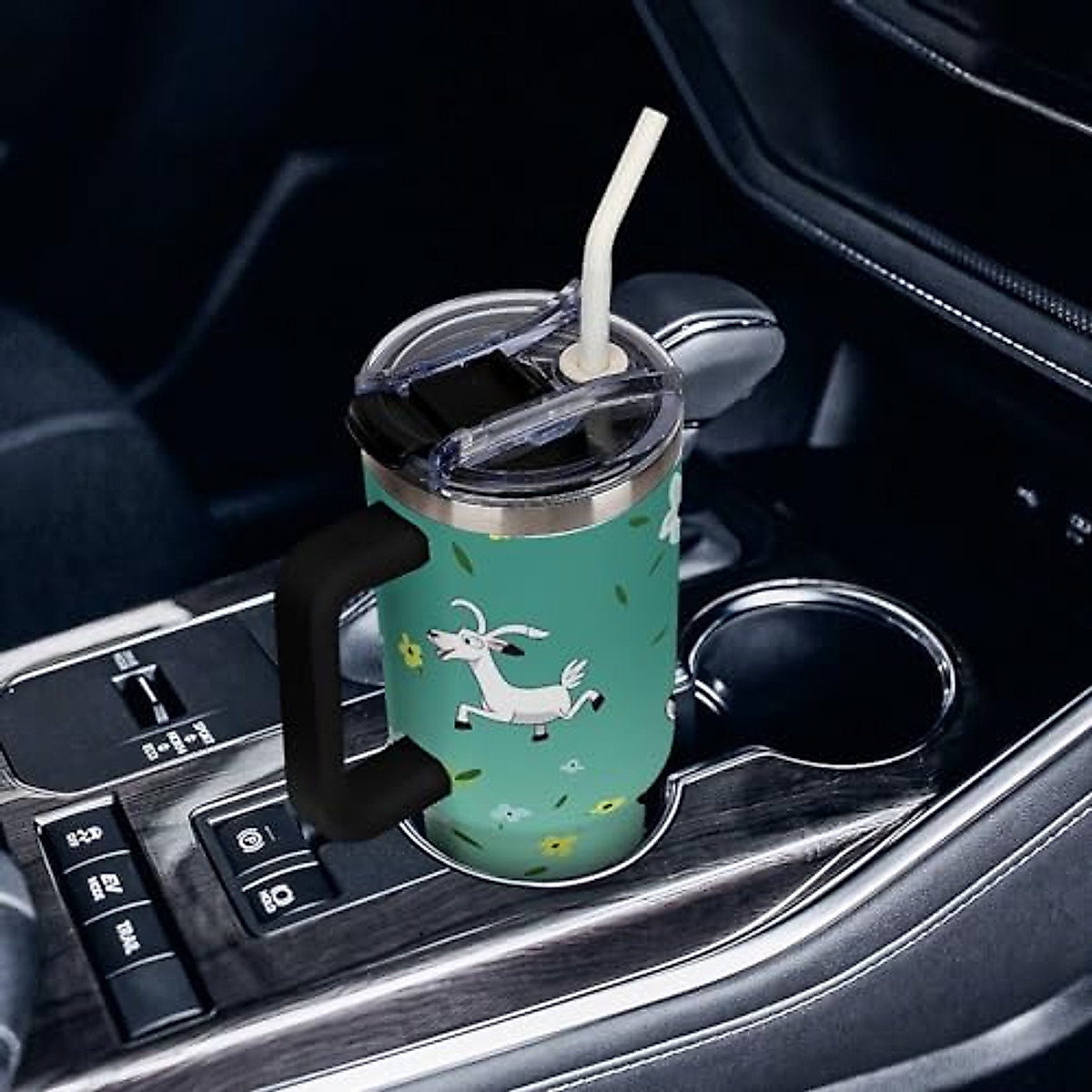 DWVSFJM Goat Frolic Insulated Tumbler 40 Oz Stainless Steel Double Wall Vacuum Travel Mug Large Capacity Car Cup Reusable Coffee Cup with Handle And Straw Lid Gifts Black
