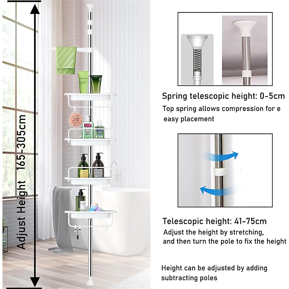 Gigecor Bathroom Shower Corner Caddy Tension Pole, Corner Shower Caddy, 4-Tier Adjustable Corner Shower Shelf, Floor to Ceiling Storage Rack Organizer Holder, Bathroom Space Saving Storage Rack