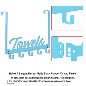 Azmoncy Over The Door Hooks, Towel Rack for Bathroom Wall Mount Towel Hanger, Towel Holder for Hanging Heavy Duty with 5 Hooks for Pool Bedroom Bathroom Kitchen Towels, Bag, Coats(Blue)