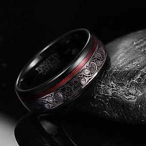 Vakki Black Tungsten Carbide Promise Ring with Celtic Spiral and Red Guitar String Inlay 8mm Domed Black Tungsten Wedding Band Size 11.5