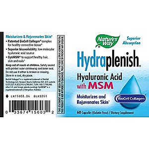 Nature's Way, Hydraplenish, Hyaluronic Acid With MSM, 60 Capsules. Pack of 3 bottles.