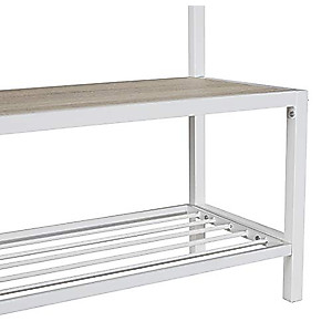 HOMISSUE Modern Style 2 Shelf Hall Tree with Storage Bench, Light Oak Bench and Lower Shelf with White Steel Frame, Entryway Shoe Rack with 5 Hooks for Garments