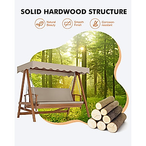 Kybolt Wooden Patio Swing with Adjustable Canopy,3-Seater Wood Patio Swing Bench Bed with Removable Cushion,Patio Swing Glider with Flatbed for Backyard Garden Balcony Poolside