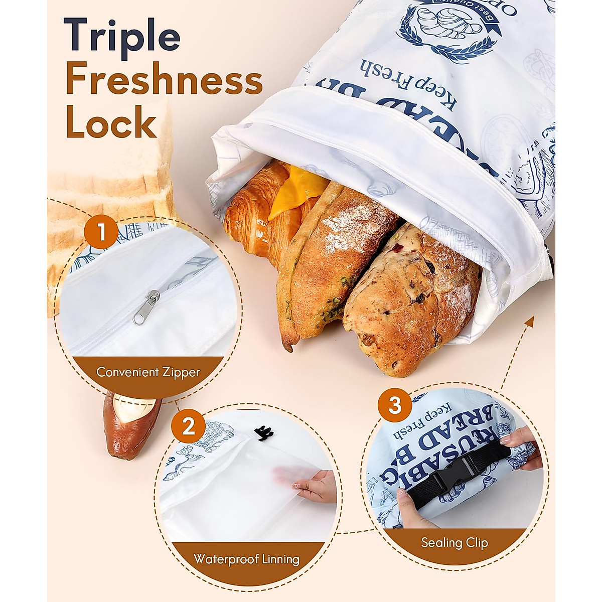 2 Pack Bread Bags for Homemade Bread, Reusable Sourdough Bread Bags for Fresh Keeping, Beeswax Bread Bags for Sourdough with Lining & Zipper, Freezer Safe & BPA Free, for Gift Giving, White & Blue