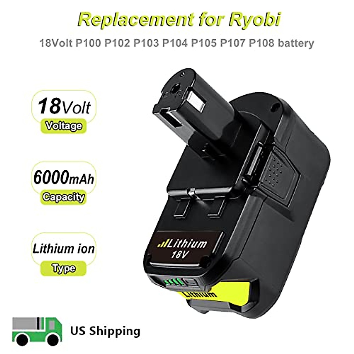 CEENR 2 Pack P108 6.0Ah Replacement for Ryobi 18V Battery Compatible with Ryobi ONE Plus 18 Volt Lithium Batteries One+ P108 6Ah P102 P105 P104 P108 P109 Fan Leaf Blower Cordless Power Tool Battery