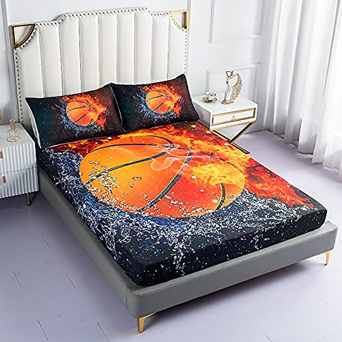 Roscloud Sports Basketball Sheets Sets Full Size - 3PC Ice Flame Galaxy Basketball Boys Fitted Sheet（Fitted Sheet*1 Pillowcases*2）