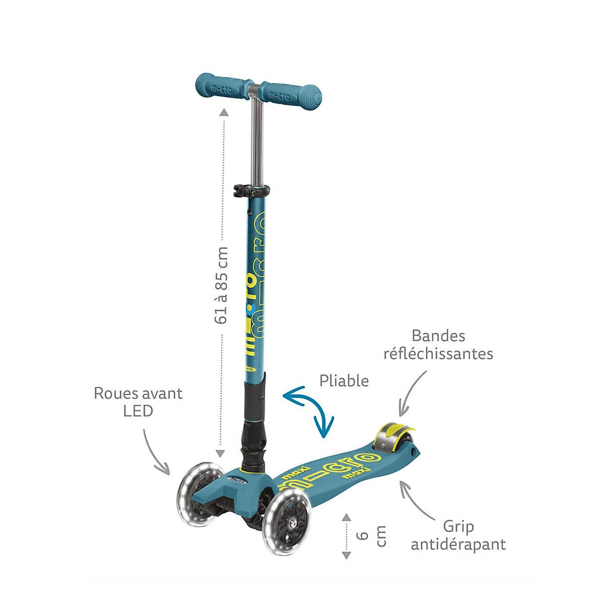 Micro Kickboard - Maxi Deluxe Foldable LED - Three Wheeled, Lean-to-Steer, Fold-to-Carry Swiss-Designed Micro Scooter for Kids with Motion-Activated Light-Up Wheels for Ages 5-12 (Petrol Green)