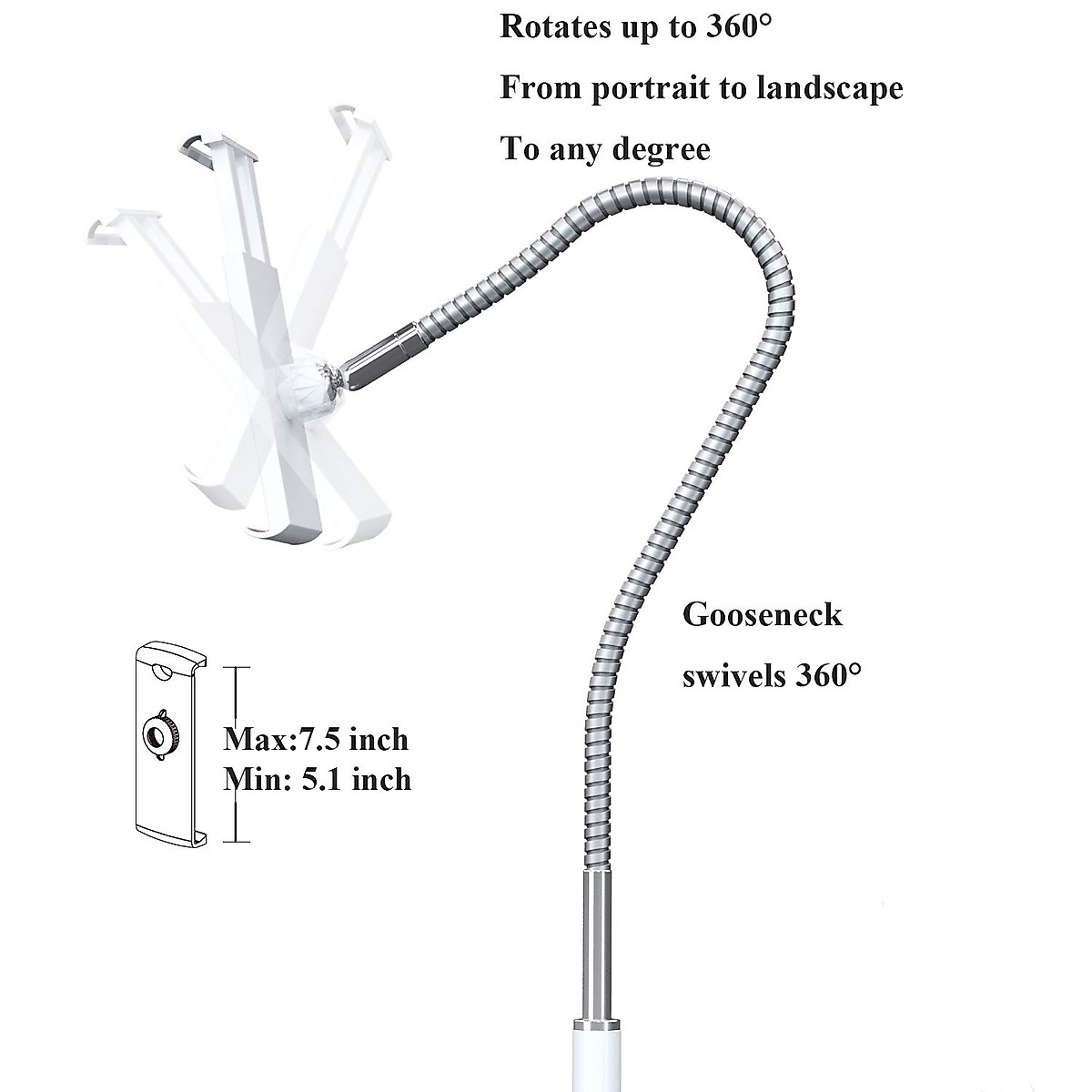 Creatop Tablet Floor Stand with Flexible Gooseneck and Stable Aluminum Base Suitable for 3.5” - 10.6” Smart Phone & Tablet White