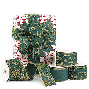 UNIQOOO 40 Yards 4 Rolls Seamless Green Christmas Wired Ribbon Set, 2.5 inch x 10yd. Satin Burlap Wired Edge Ribbon for Xmas Tree Décor, Gift Wrap Box, Bows, Wreath, Garland, Floral DIY Craft, Wedding