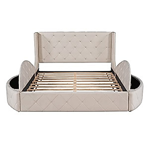 Prohon Upholstered Platform Bed with Wingback Headboard and 1 Big Drawer,2 Side Storage Stool, Velvet Tufted Bed Frame Queen Size, No Box Spring Needed, Easy to Install, Wooden Slats Support, Beige