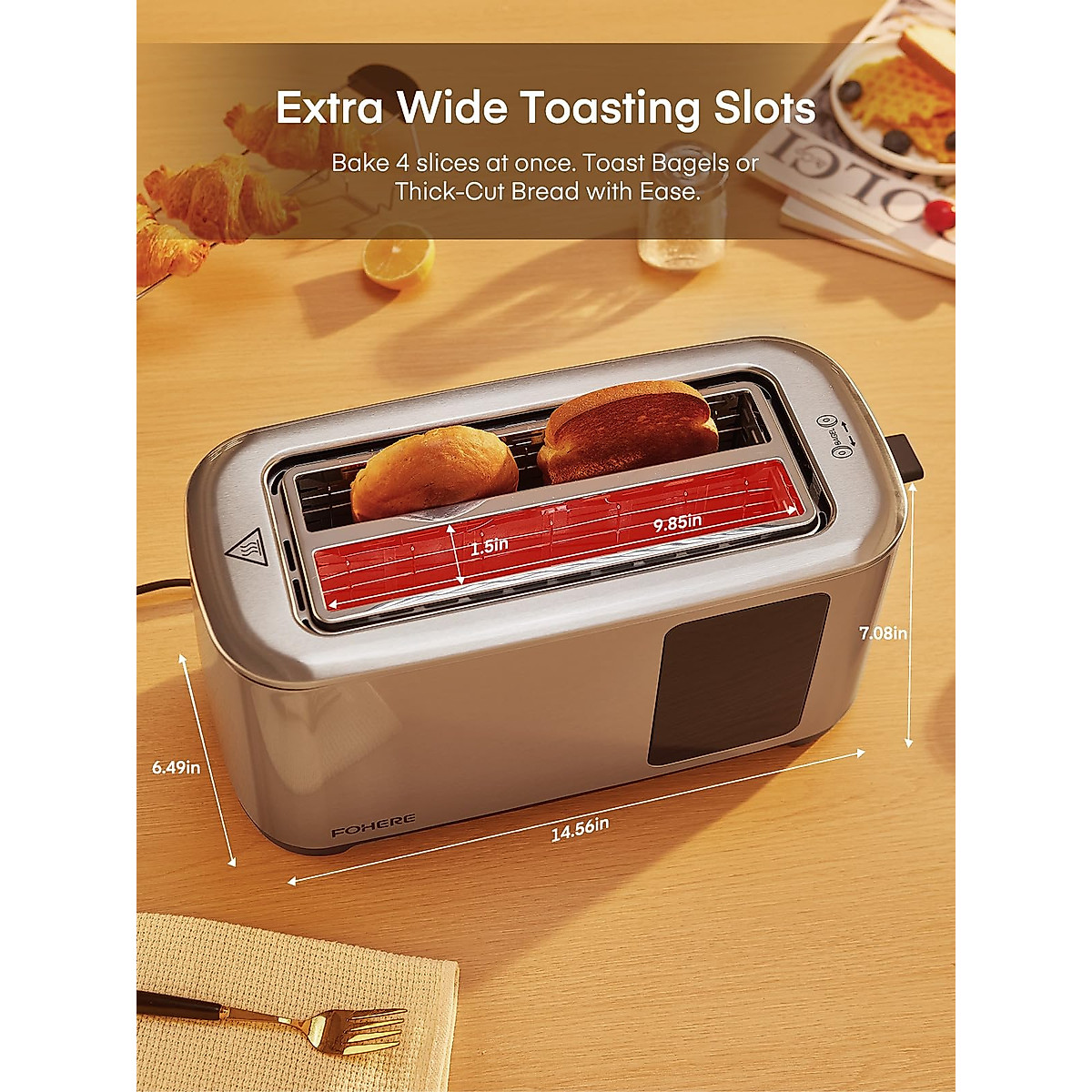 4 Slice Toaster Touch Screen Control, Long Extra Wide Slots Smart Bread Toaster, 6 Bread Types & 6 Shade Settings, Stainless Steel Toaster, with Removable Tray, Cancel/Defrost/Reheat Function, Sliver