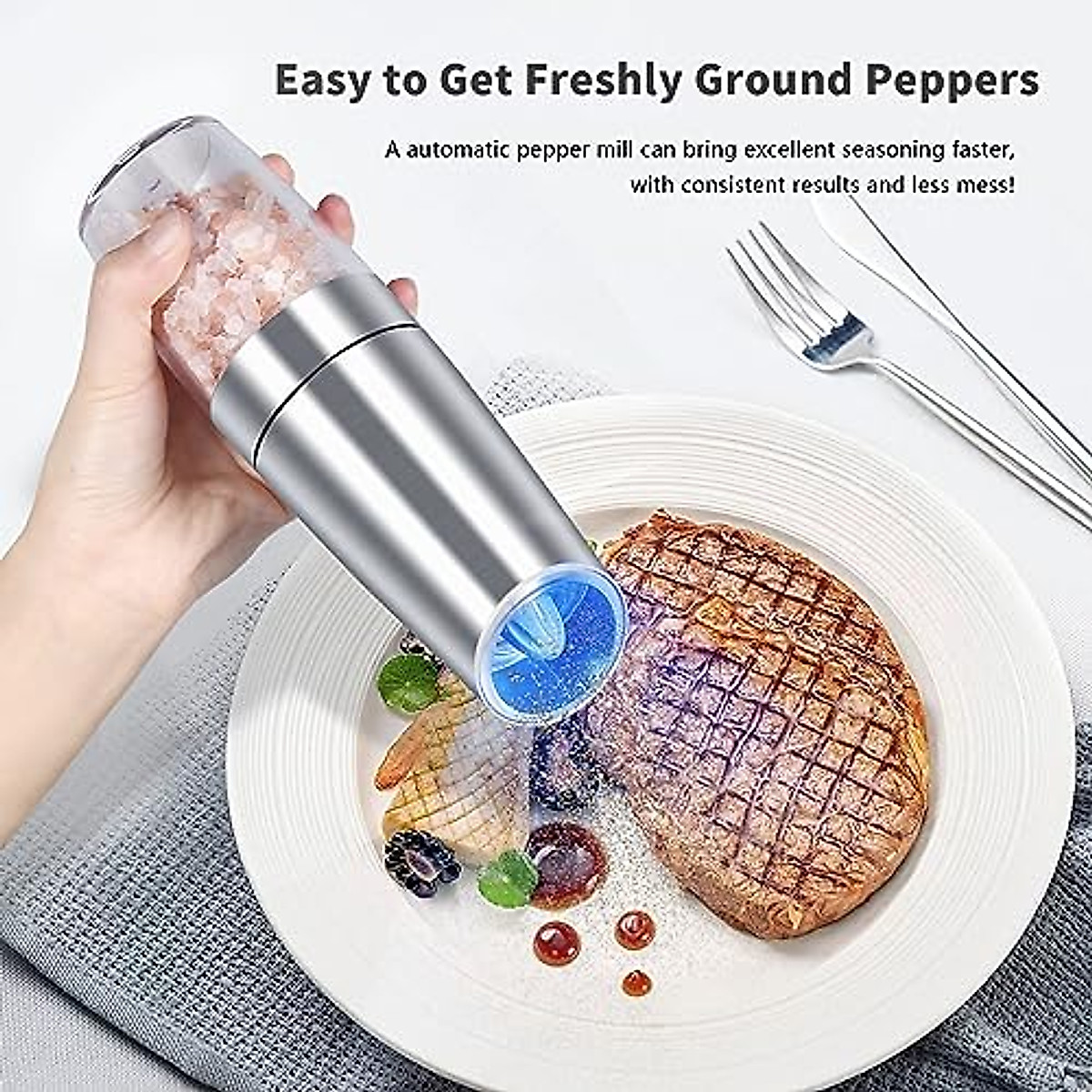 EasyCom Gravity Salt and Pepper Mill Set, Battery Powered with LED Light, Adjustable Coarseness, One Hand Automatic Pepper Mill for Kitchen and BBQ, 2 Pack, Silver
