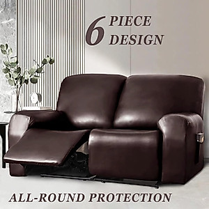 JOKIVTOU 1/2/3 Seats PU Leather Stretch Recliner Cover Sofa Cover with Side Pockets Waterproof Slipcover Recliner Couch Cover Furniture Protector with Elastic Bottom Living Room