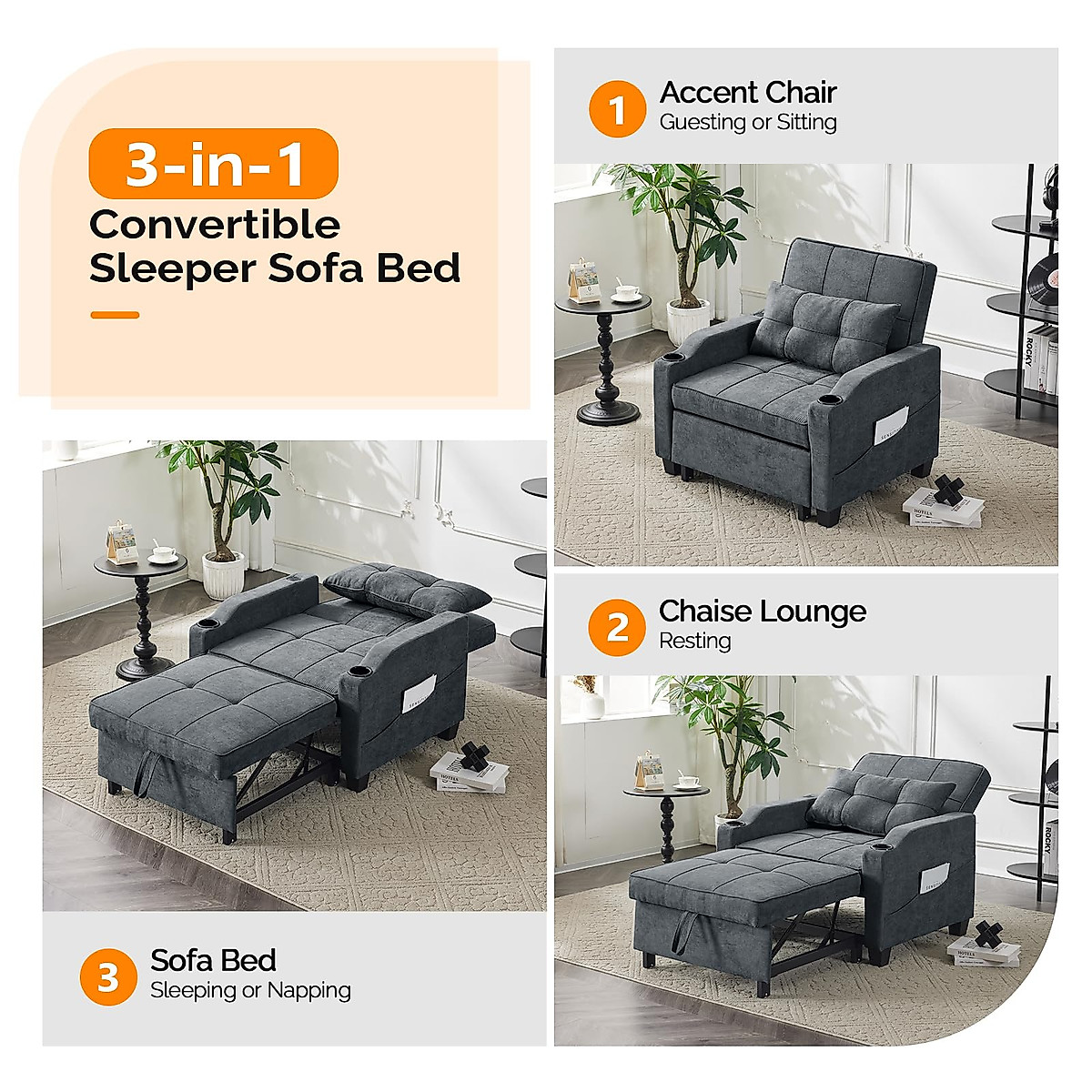 VINGLI Dark Grey Sleeper Chair Bed 3-in-1 Convertible Futon Sofa Bed Pull Out Couch Bed Adjustable Recliner Chair with USB Ports Cup Holders Side Pockets for Living Room Bedroom Small Spaces
