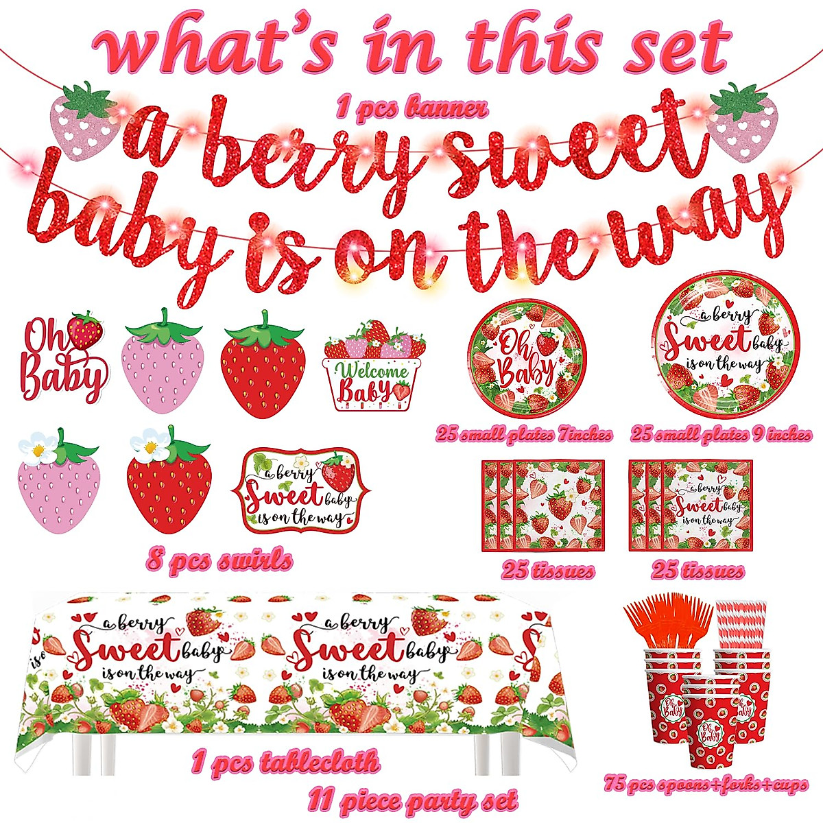 177 Pcs Strawberry Baby Shower Decorations, Berry Sweet Baby Shower Decorations A Berry Sweet Baby is on the Way Banner Tableware Hanging Swirls, Berry Sweet Baby Shower Strawberry Baby Shower Girl