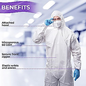 AMZ Disposable Coveralls with Hood, X-Large. Pack of 5 White Microporous Lab Coveralls Disposable. 60 GSM Painters Suit Disposable with Storm Flap Zipper Cover. Painters Suit Disposable. Hazmat Suit