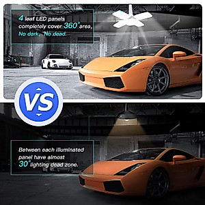 LED Garage Light 60W E26 6000LM Deformable LED Garage Ceiling Lights 6500K Daylight White Garage LED Light with 4 Adjustable LED Panels, LED Garage Lights for Warehouse Workshop Basement Lights