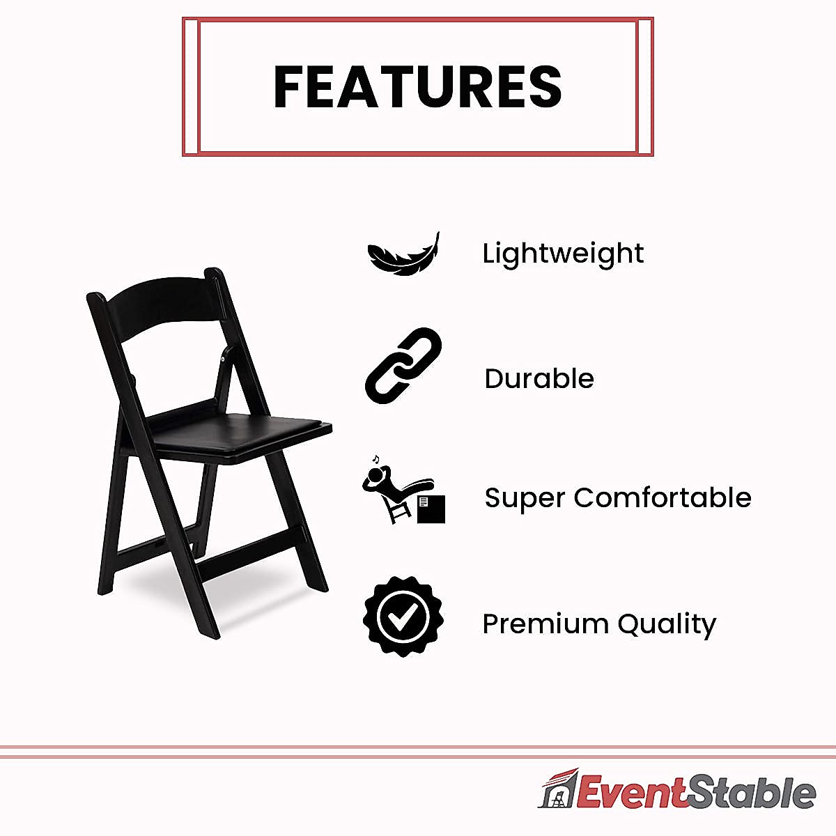 EventStable Titan PRO Resin Folding Chair - Black Indoor/Outdoor Lightweight Folding Chair - Vinyl Padded Folding Chair for Weddings Parties Events - 4 Pack