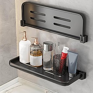 2pcs Bathroom Shelves Wall Mounted Foldable Shelf for Bathroom 12inch Waterproof Metal Shower Shelf Rack for Laundry Toilet Room Wall Organizer, Black