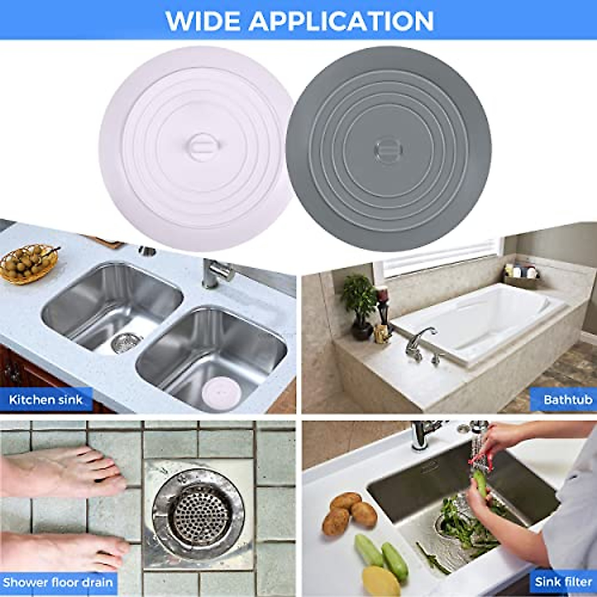 (2 Pack) Silicone Tub Stopper, Premium Bathtub Drain Stopper, One of The Best Sealing Sink Stopper, Upgraded Drain Plug for Kitchens, Bathrooms and Laundries (6 inches) (White&Grey)