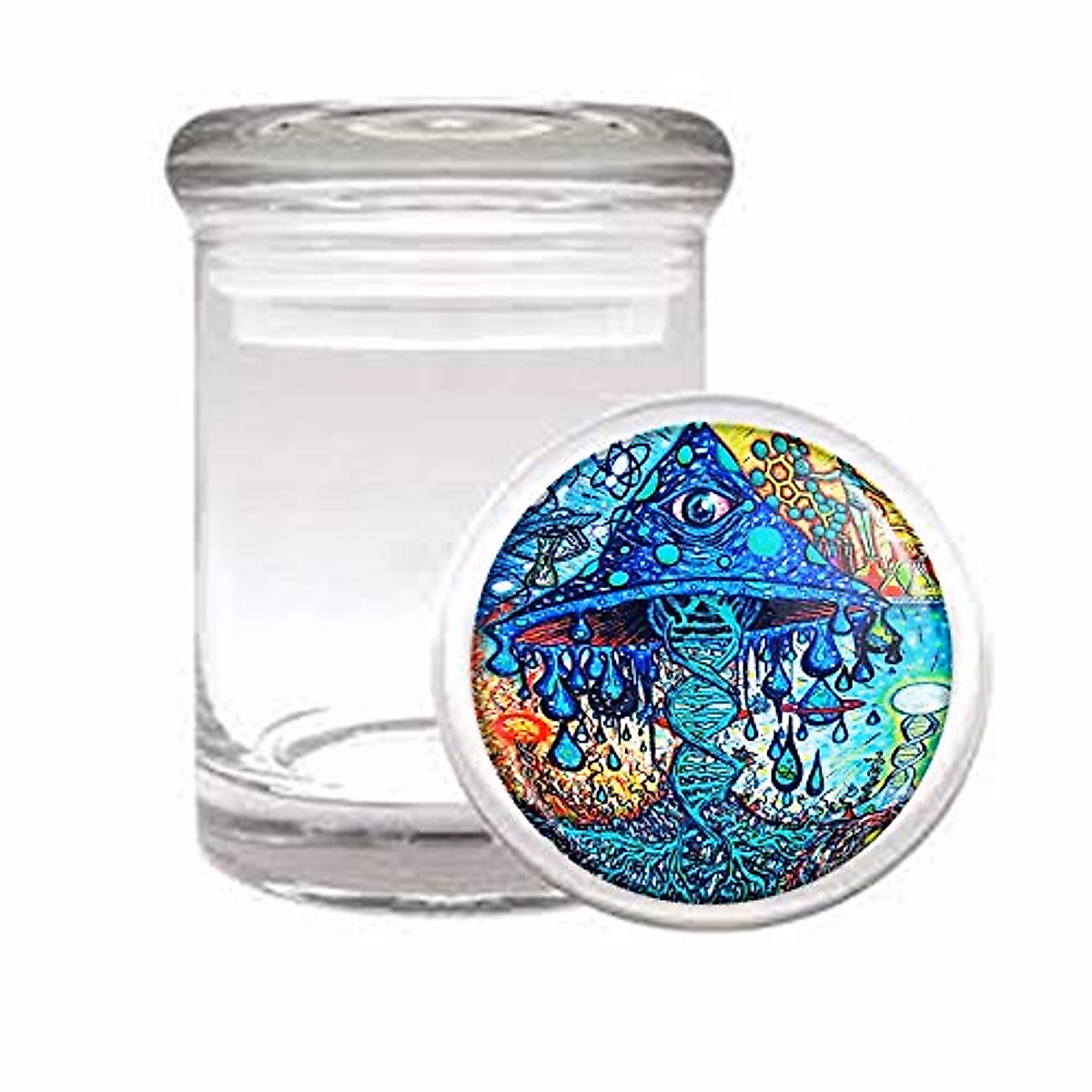 Trippy Mushroom Life Em1 Medical Glass Stash Jar 3'' X 2'' Herb And Spice Storage Air Tight Seal