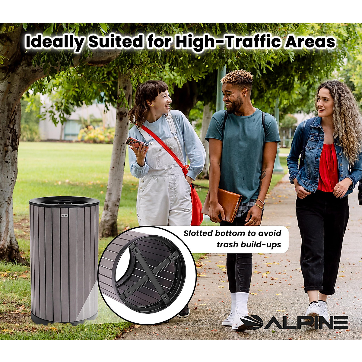 Alpine 32 Gallon Commercial Outdoor Trash Can - Heavy Duty Garbage Can Outdoor, Industrial Open Top Trash Can with Plastic Panels for Patio, Parks, Trails, Resorts (Flat Lid - Grey)