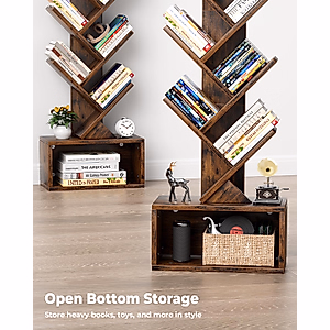 Evermagin 6 Tier Tree Bookshelf with Light, Small Bookcase Tower for Books/CDs/Movies, Tall Floor Standing Book Organizer with Storage Cabinet for Living Room, Bedroom & Home Office, Rustic Brown