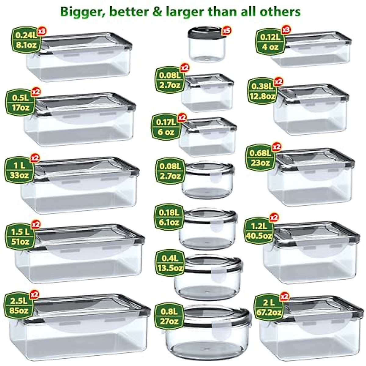 70 Pack Large Food Storage Containers with Lids-Total 769 Oz ,85 OZ to Small Box(35 Boxes,35 Lids) Airtight Plastic containers with lids-Containers for Kitchen Pantry Organizers-Freezer Microwave safe