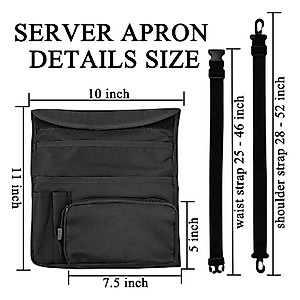 HGNUTAY Server Apron Waiter waitress Server Apron Pouch with Removable Money Restaurant Water-resistant Apron Bag with Adjustable Shoulder Strap and Waist Belt for Tip, Change, IPad, Tablet, Black