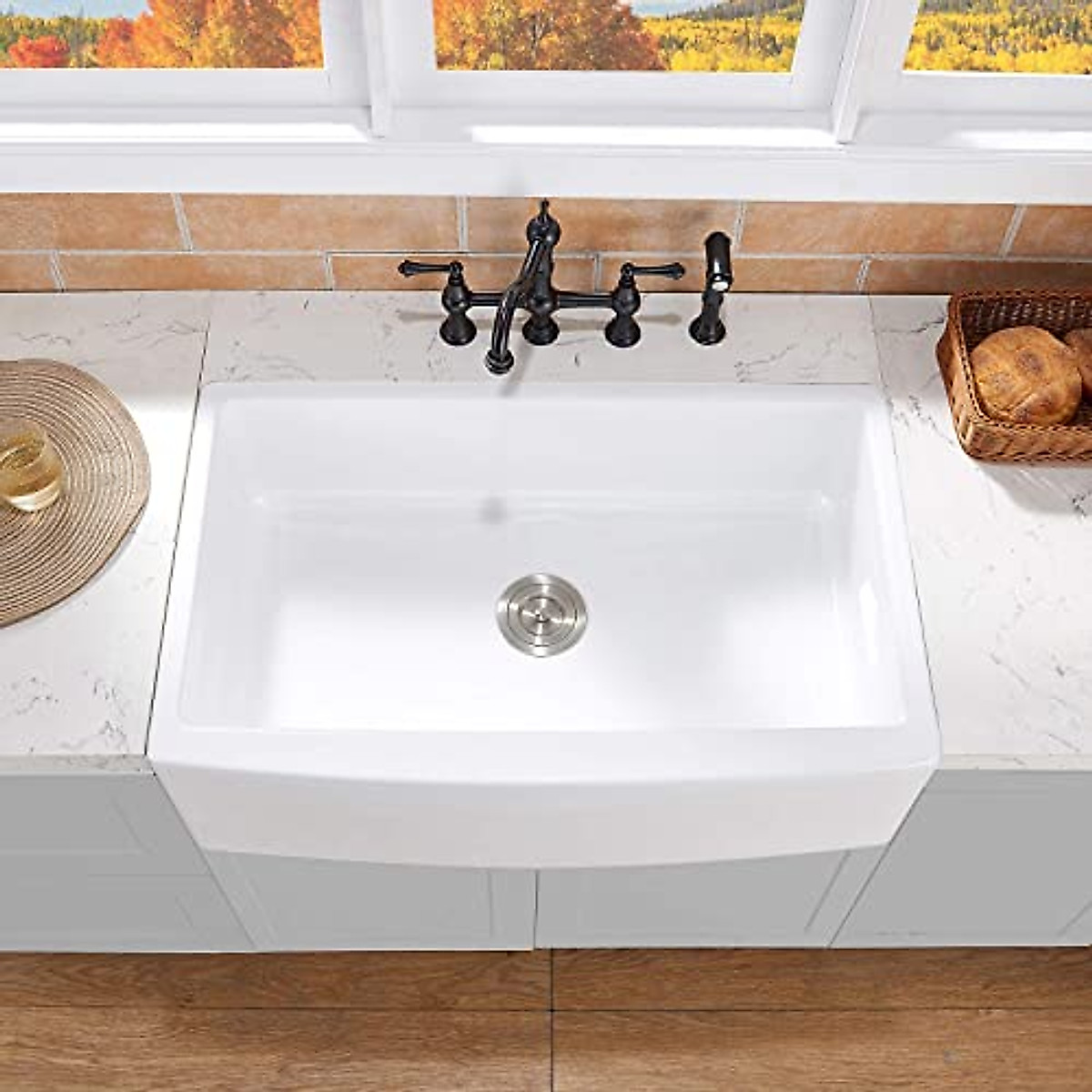 VAPSINT 33 Inch White Farmhouse Sink,Ceramic Apron Front Fireclay Sink Handcrafted Single Bowl Farmhouse Kitchen sink Undermount Porcelain Farm Sink