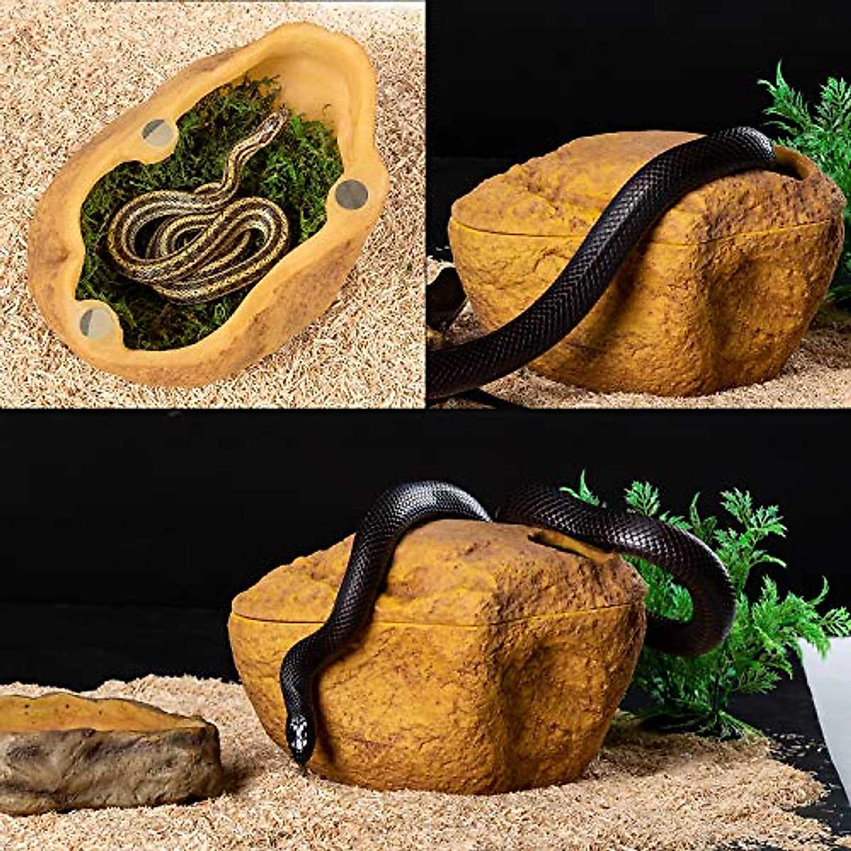 REPTIZOO Reptile Hide Cave, Snake Cave and Hides, 3-in-1 Magnetic Attraction Cave for Snake, Ball Python, Geckos Reptiles (Large Size)