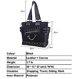 Women Fashion Rivet Handbag Purse Canvas Punk Tote with Shoulder Strap Crossbody Bag Large Capacity Black (Black)