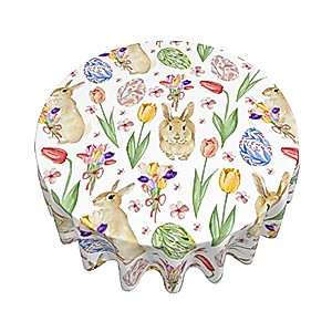 Easter Rabbits Egg Watercolor Table Cloth Round Tablecloth Cover Stain and Water Resistant Washable Dining Decorative for Holiday Home Party Picnic Decoration 60in