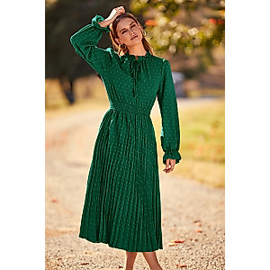 PRETTYGARDEN Women's 2025 Spring Fall Midi Dress Casual Long Sleeve V Neck Swiss Dot Pleated A Line Flowy Dresses (Dark Green,Medium)
