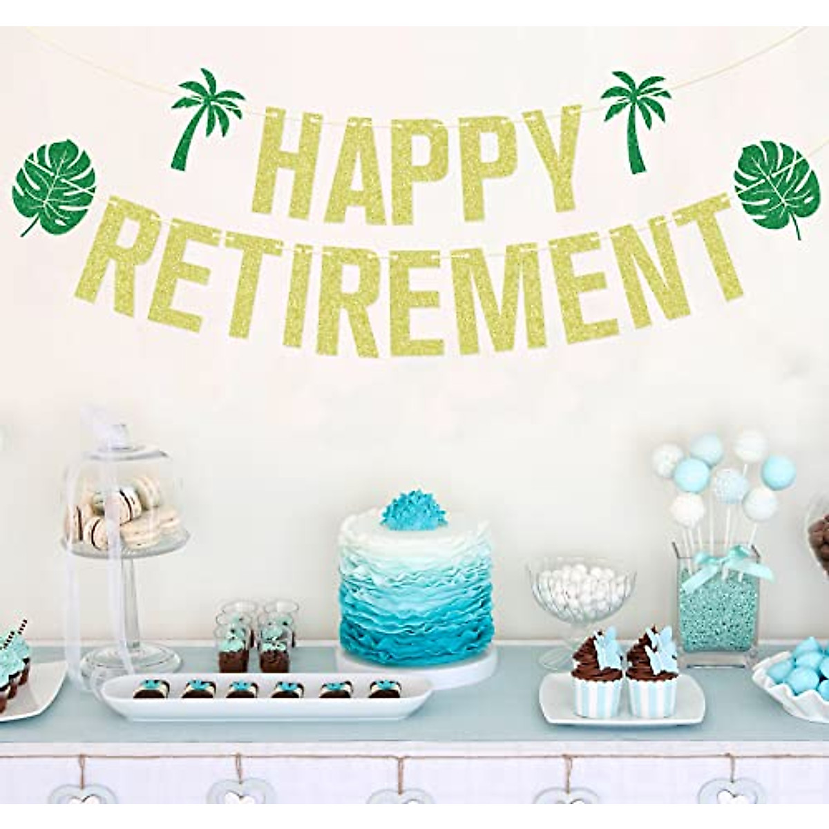 Happy Retirement Banner Gold Glitter - Retirement Party Decorations Palm leaves Decor, Farewell Party Cake Decor, Tropical Retirement Decor, Happy Retirement Party Decorations