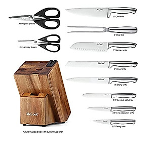 McCook® MC35 Knife Sets with Built-in Sharpener,11 Pieces German Stainless Steel Hollow Handle Kitchen Knives Set in Acacia Block