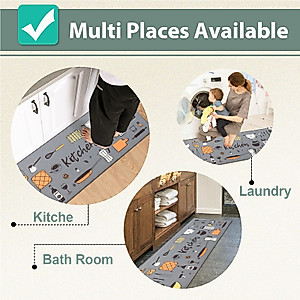 Carvapet 2 Pieces Non-Slip Kitchen Rug TPR Non-Skid Backing Mat for Doorway Bathroom Runner Rug Set, Grey Kitchen Design (17"x48"+17"x24")