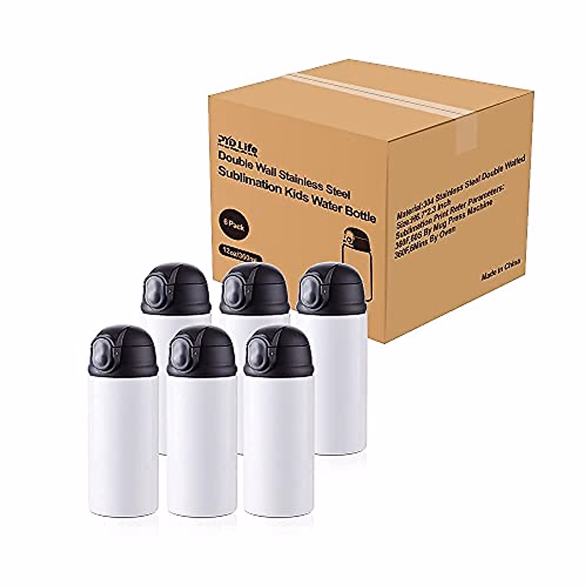 PYD Life Sublimation Blanks Kids Water Bottle 12 OZ White Straight Skinny Kids Tumbler Sippy Up Cup with Pop Black Lid for Tumbler Heat Press Machine Sublimation Print 6 Pack
