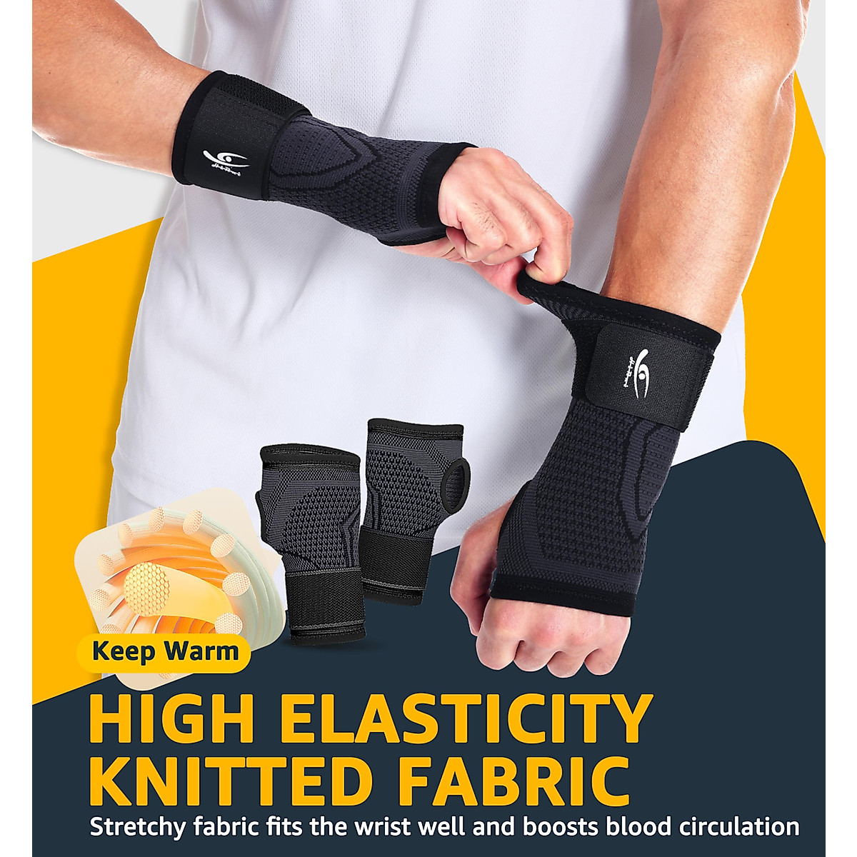 HiRui 2-Pack Wrist Brace Wrist Wraps, Hand Compression Sleeves with Wrist Straps Support for Fitness Weightlifting MTB Tendonitis Carpal Tunnel Arthritis Pain Relief (Black, X-Large)