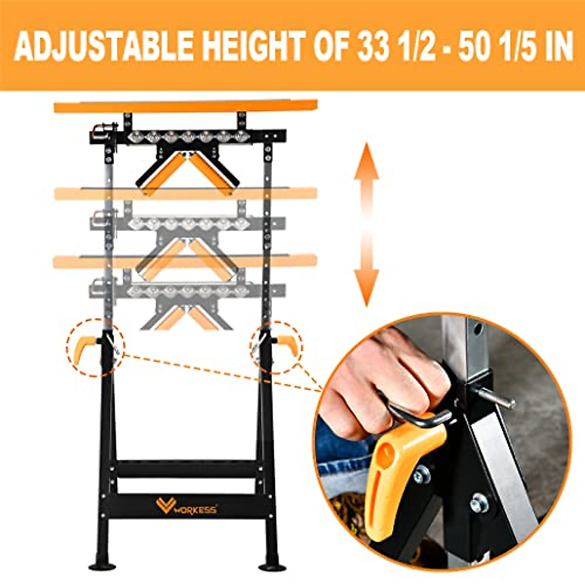WORKESS 4 in 1 Roller Stand, Stable 440 Lbs Load Capacity with Saw Horses, V-Shaped, Multi-Directional Rollers & Outfeed Roller, Adjustable Height 33”- 50”, Folding for Woodworking