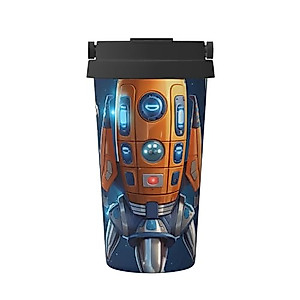 GTKSYNVE Reusable Coffee Mug with Lid and Handle, Cartoon Spaceship Rocket Tumbler for Hot & Cold Drinks 16oz Stainless Steel Insulated Coffee Tumblers Double Wall Vacuum Thermal Cup