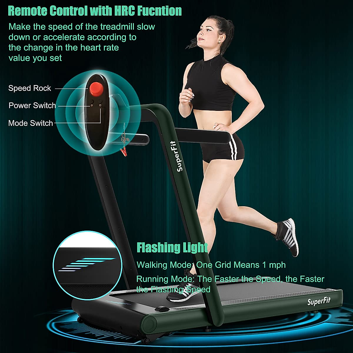 GYMAX Under Desk Folding Treadmill, 4.75HP 2 in 1 Running Walking Machine with Heart Rate Control, APP Control, LED Touch Screen and Remote, Luxury Treadmill for Home/Gym (Green)